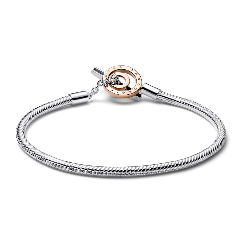 Srebrno-złota bransoletka typu wężykowego z logo Pandora Signature z zapięciem T 582309C00 ...