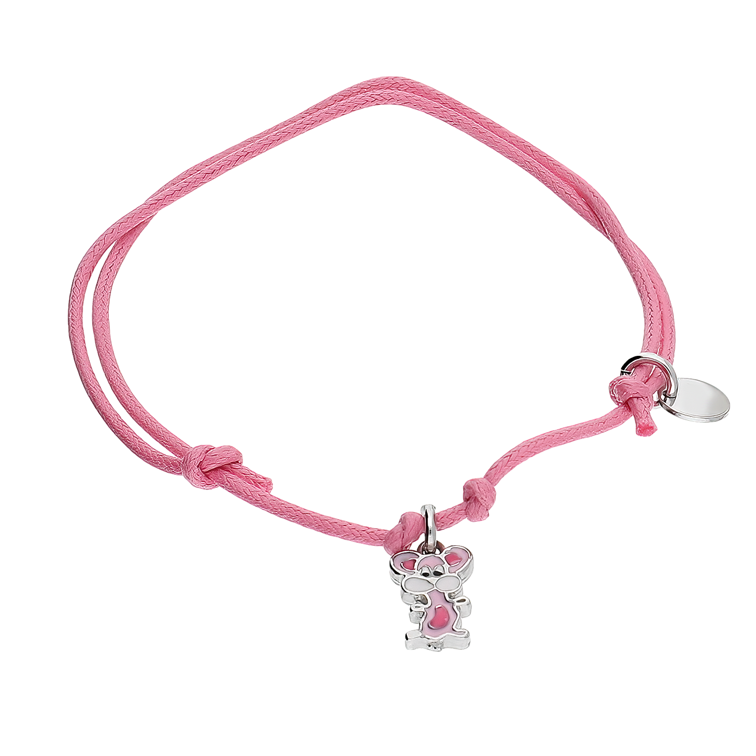 Bransoleta dla dziewczynki mysz z różową emalią na różowym sznurku ...